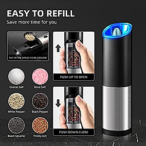 Rocyis Electric Salt and Pepper Grinder-Gravity Automatic Spice Mill Set-Battery Powered w/LED Light, Adjustable Coarseness, One Hand Operated Smart Kitchen Gadgets, Stainless Steel, 2 Pack