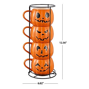 Way To Happiness 13-Ounce Halloween Orange Pumpkin Stoneware Stackable Mug Set with Iron Rack, Cute and Spooky Coffe Mugs