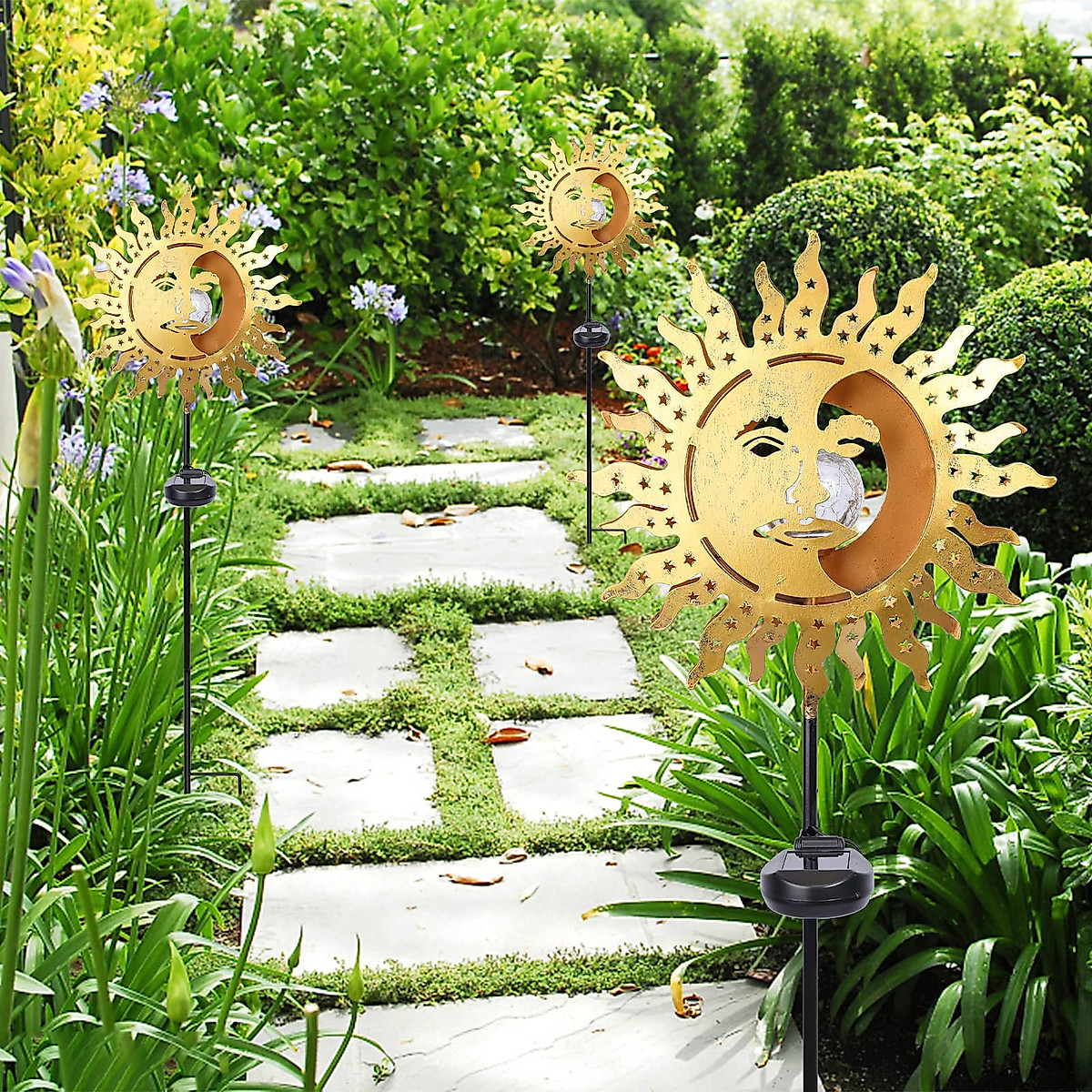 Afirst Solar Lights Outdoor Garden Stakes, Sun Face Crackle Glass LED Decorative Outdoor Decorative Lights for Pathway Yard Lawn Decoration…