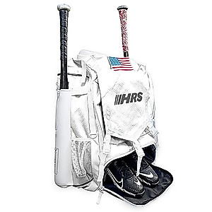 Hit Run Steal White Softball Baseball Bag - Holds 4 Bats, Glove, Water Bottle, Shoe Compartment, Helmet, Fence Hook for Equipment & Gear