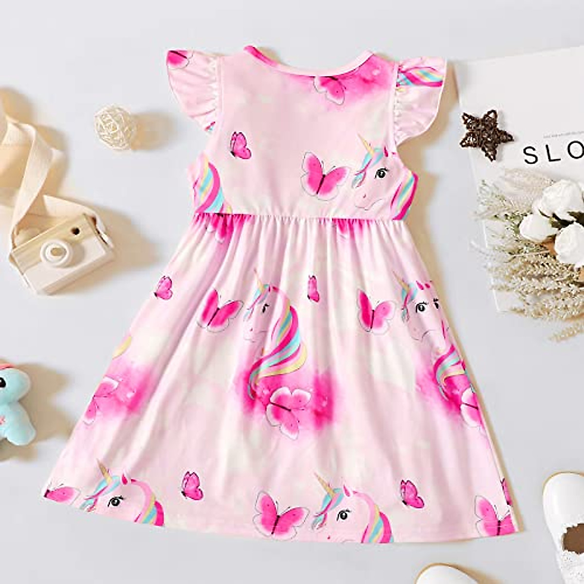 PATPAT Girls Dress Unicorn Printed Casual Dress for Kids Baby Girls Dresses Comfy Ruffle Sleeve Sundress