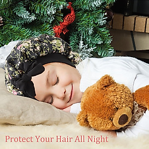 3 Pieces Kids Satin Bonnet Silky Sleep Cap Wide Elastic Band Hair Bonnet for Girls Toddler Child Flowerblackpb