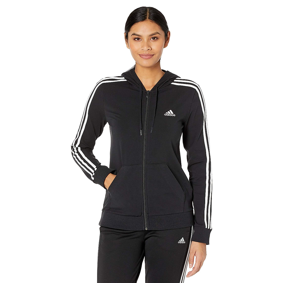 adidas Women's Essentials Single Jersey 3-Stripes Full-Zip Hoodie, Black/White, Small