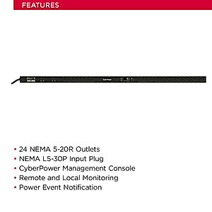CyberPower PDU81102 Switched Metered Outlet PDU, 100-120V/30A, 24 Outlets, 0U Rackmount, Black