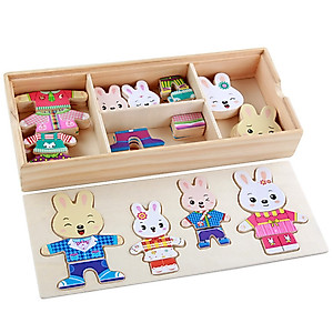 Goclothod Wooden Jigsaw Puzzle 72 Pcs Kids Early Educational Toys Dress-Up Puzzle Set