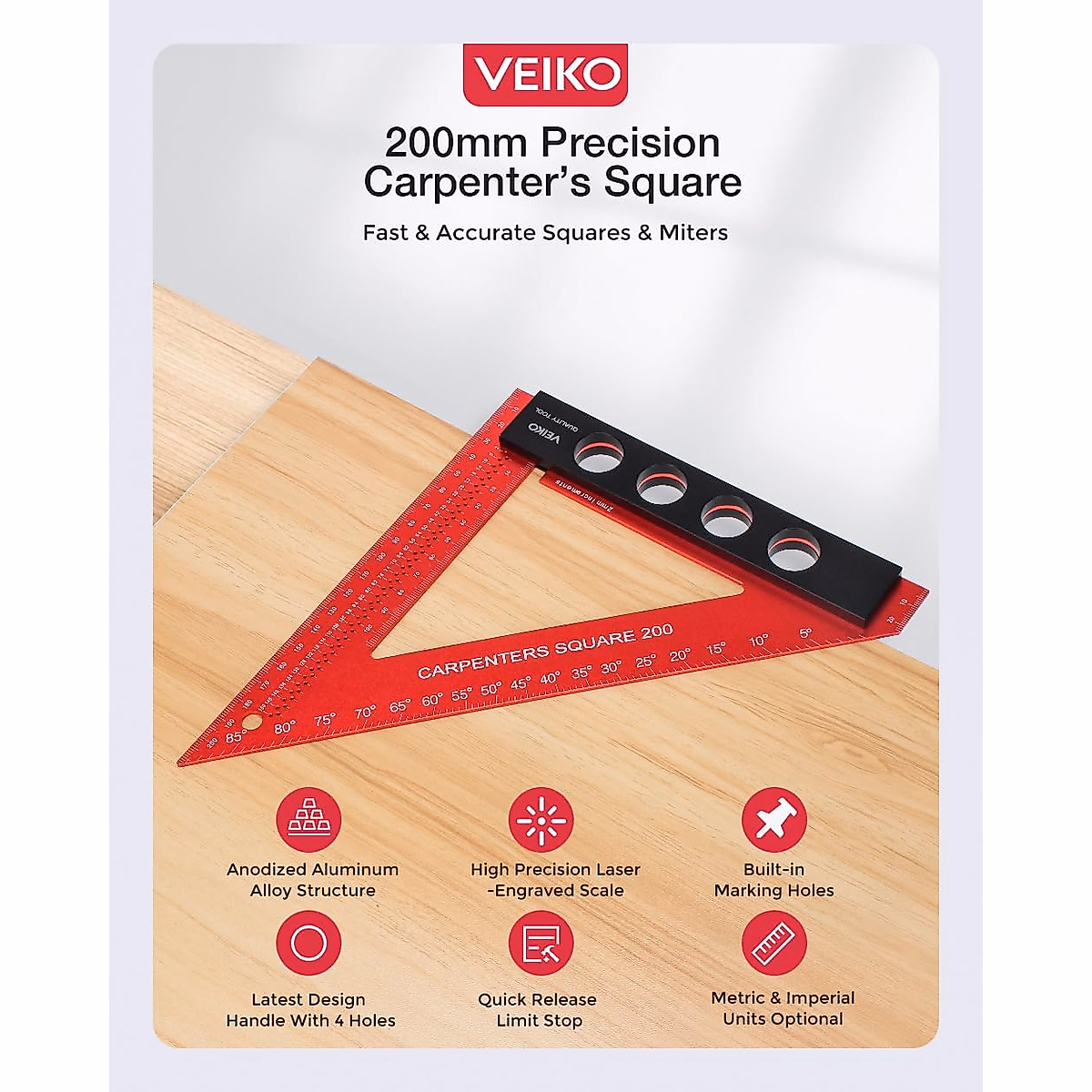 200mm Aluminum Alloy Carpenter Square Triangle Ruler Woodworking Precision Hole Positioning Square