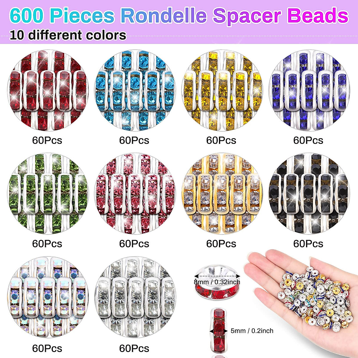 Rondelle Spacer Beads for Jewelry Making, 600 Pieces Rhinestone Spacer Beads Crystal Bead Spacers for Jewelry Making, Bracelets (10 Colors)