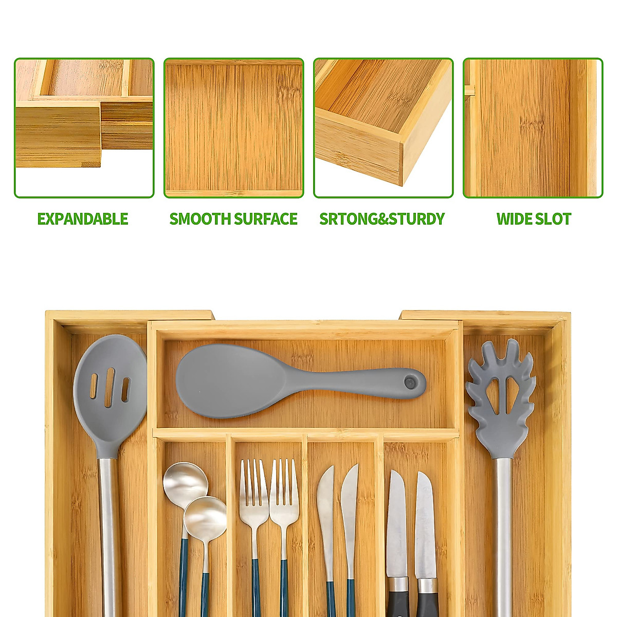Diosbles Kitchen Bamboo Drawer Utensil Organizer Expandable Silverware Drawer Organizer and Cutlery Tray