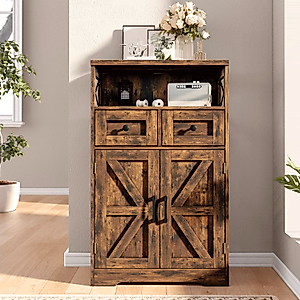 Befrases Farmhouse Storage Cabinet with Drawers and Shelves, Freestanding Kitchen Pantry Storage Cabinet, Floor Storage Cabinet Hutch Cupboard for Dining/Living Room/Home Office, Rustic Brown