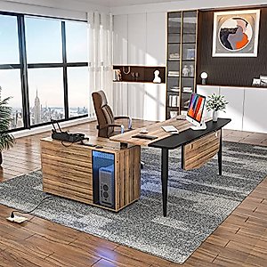 Unikito L Shaped Desk with File Cabinet & Power Outlet, 55 Inch Large Corner Computer Desks with LED Strip, L-Shaped Computer Desk with Door and Storage Shelves for Home Office, Rustic Walnut