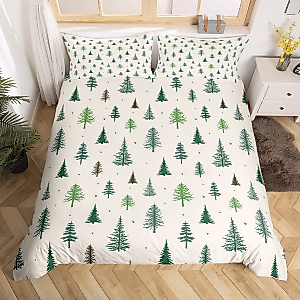 Castle Fairy Christmas Tree Duvet Cover Set Queen Size,Green Pine Bedding Set 3pcs for Kids Teens Girls Boys Room Decor,Nature Plants Comforter Cover Soft Microfiber Quilt Cover with 2 Pillowcases