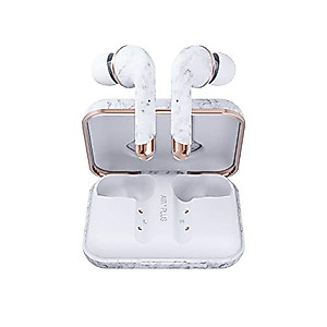 Happy Plugs Air 1 Plus – Luxury Wireless in-Ear Earbuds – Design Bluetooth Headphones with Charging Case and Built-in Microphones – Up to 40 Hours Playtime - White Marble
