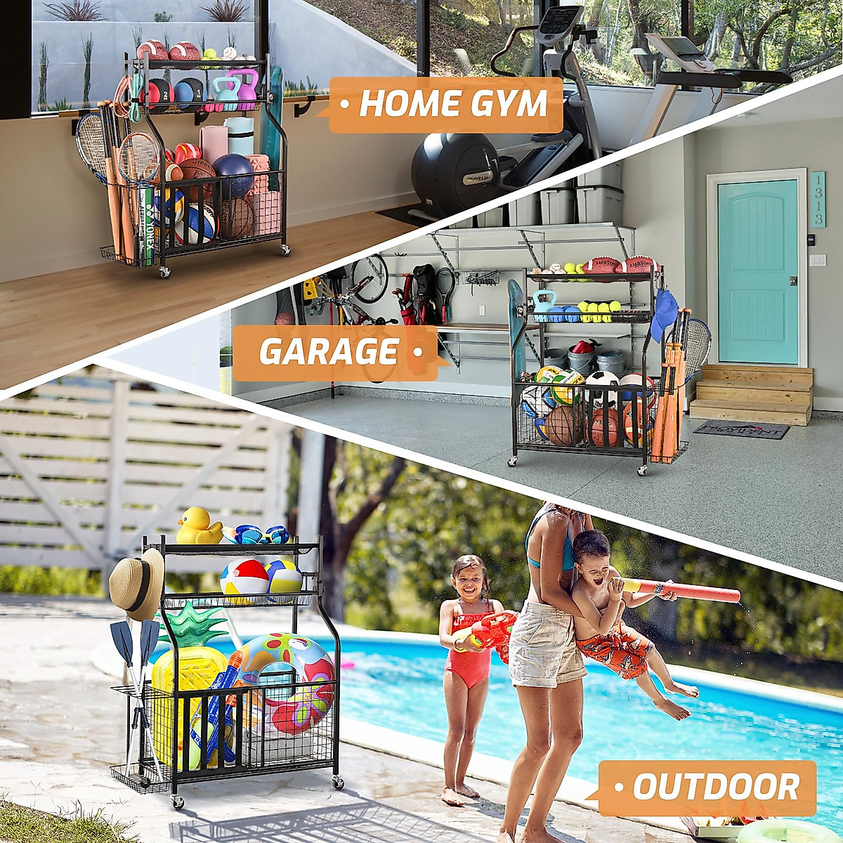 PLKOW Sports Equipment Storage for Garage, Garage Sports Equipment Organizer, Ball Storage Rack, Garage Organizer with Basket and Hooks for Toy Sports Gear Storage