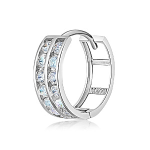 14k REAL White Gold 5mm Thickness CZ Channel Set Hoop Huggie Earrings (15 x 15 mm)