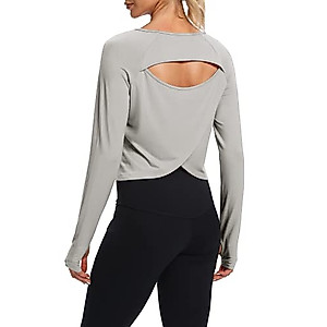 Bestisun Cute Crop Top Backless Long Sleeve Workout Yoga Exercise Tops Running Shirts Yoga Gym Training Clothing Athletic Wear for Women Light Gray L