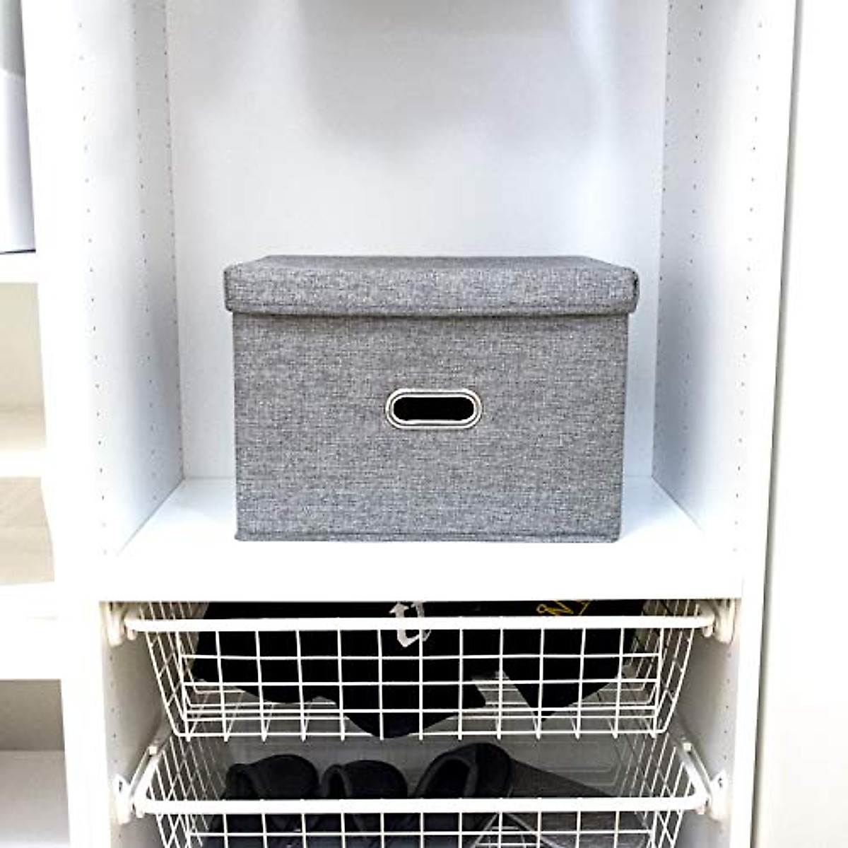 Storage Cube with Lid, Fabric Basket Bin with Dual Handles, Decorative Linen Storage Container Clothes Basket for Closet, Shelves, 15" x 11" x 10.2", Grey