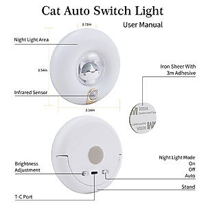 Cute Cat Motion Sensor Night Light Cordless Rechargeable Magnetic Nightlights Adjustable Brightness Stick Anywhere Cat Lamp for Kids Baby Bedroom Cabinet Closet Stairs Wall Lights for Hallway Nursery