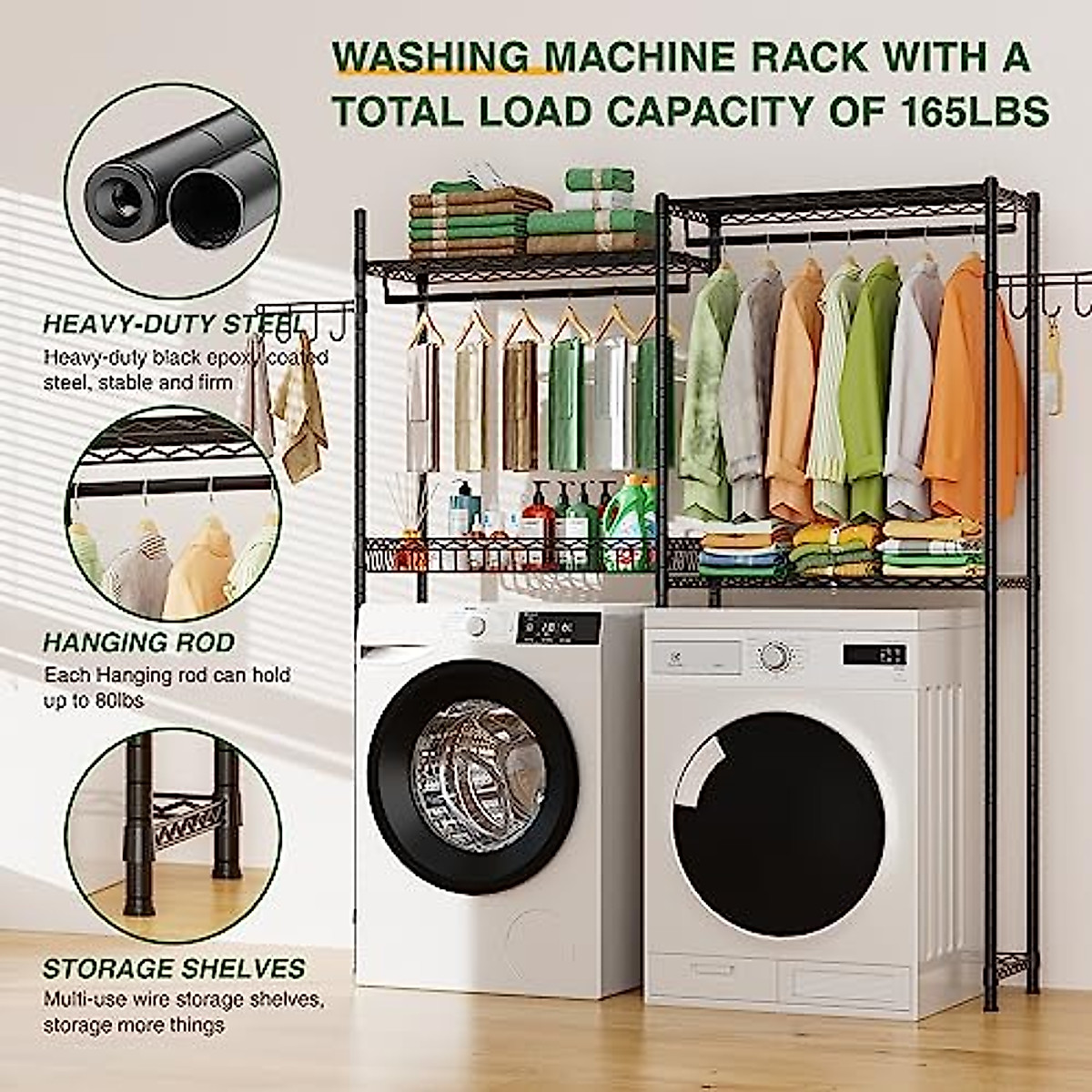 LEHOM Clothes Drying Rack,Over The Washer and Dryer Storage Shelf,Over Dryer Towel Racks Bathroom Space Saving 2 Tiers Adjustable Height Standing Shelving Units with Wire Basket Side Hook-Carbon Steel