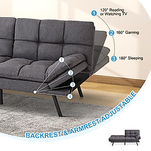MUUEGM Modern lounge Sofa Bed, Dark Gray Linen Fabric Futon Couch, Convertible Foldable Memory Foam Sofa Bed, Small Sofa Bed with Loveseats for Living Room.(Dark Gray,Fabric)