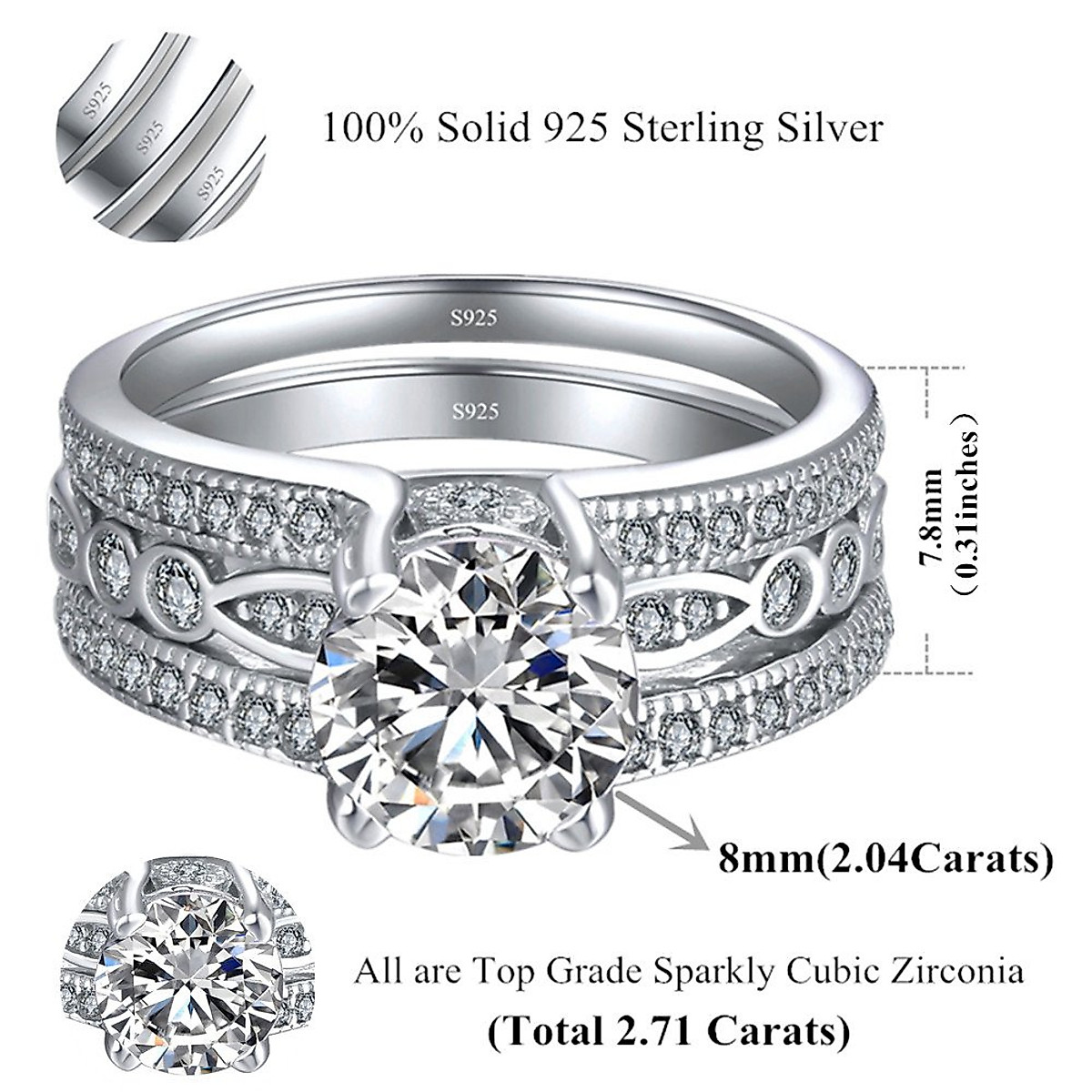 MABELLA 2.7 Carats Round Cut White Cubic Zirconia 925 Sterling Silver Alternative Engagement Wedding Ring Set Size 10