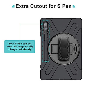 ProCase Galaxy Tab S8 Plus 2022 / S7 Plus 12.4” 2020 Case with S Pen Holder (Model SM-X800/X806/T970/T975), Rugged Heavy Duty Shockproof Case with Hand Strap Rotating Kickstand Protective Cover–Black
