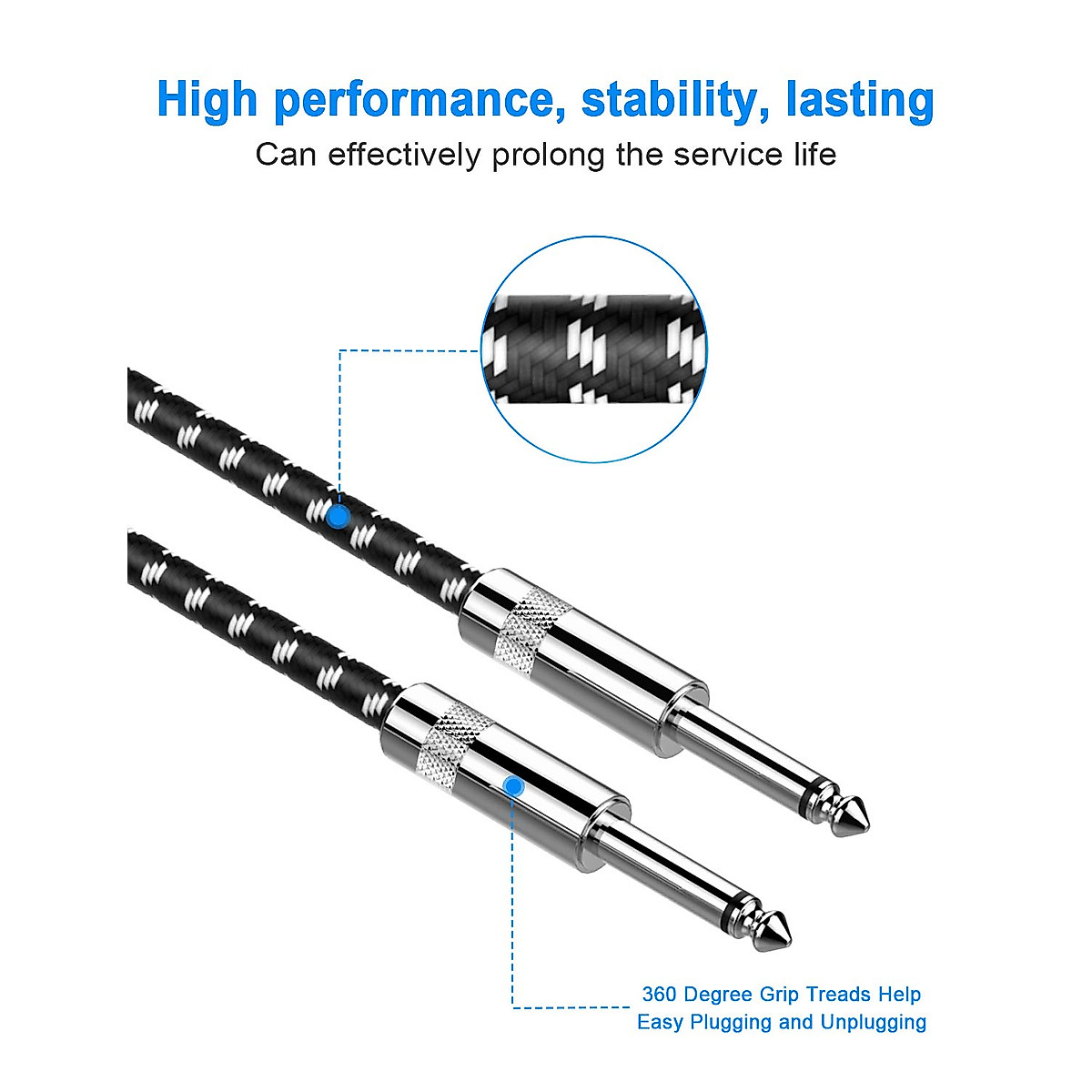 RIYO Guitar Cable 10 Feet Electric Instrument Cable 1/4 inch Straight to Straight for Electric Guitar, Bass Guitar, Keyboard, Pro Audio（Black-White）