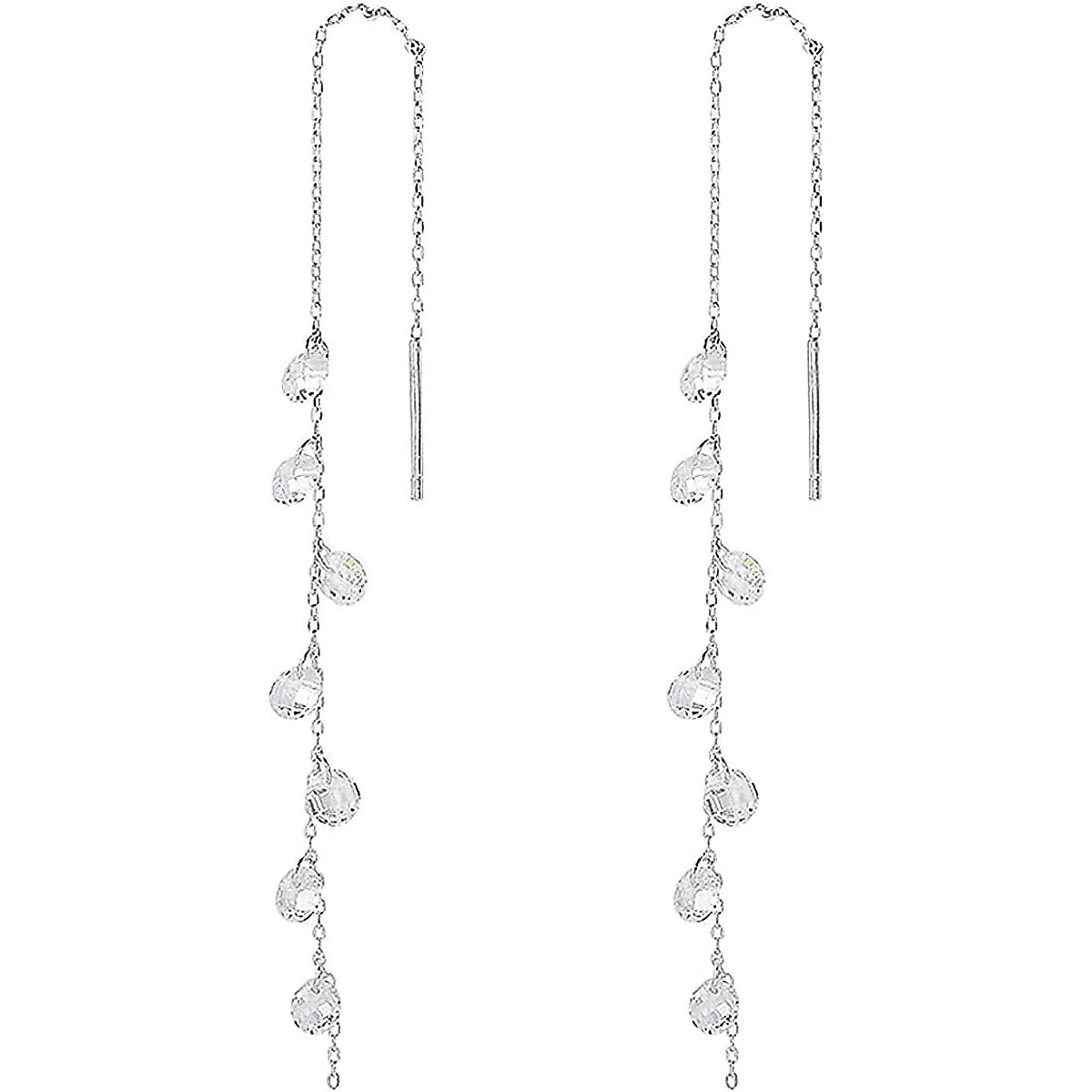 925 Sterling Silver Tassel Drop Earrings Long CZ Droplet Dangle Threader Earrings for Women