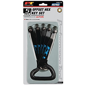 Performance Tool W86109 Metric Low Profile Offset Hex Key Wrench Tool Set for Workshops and Garages, Black, 5-Piece Set
