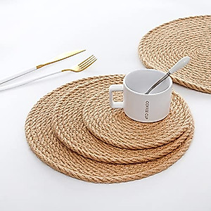 Homtoozhii Woven Placemats 14 inch Round Braided Placemat for Dining Table Heat Resistant Anti-Slid Jute Mats Table Mat for Dish Plate Pot Teapot