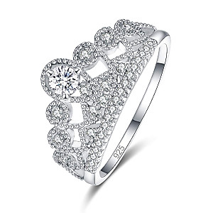 Narica Silver Plated Round Cut Created White Topaz CZ Cubic Zirconia Filled Halo Wedding Engagement Crown Ring 2PCS Women's Band Set for Mom Lover Gift 8#