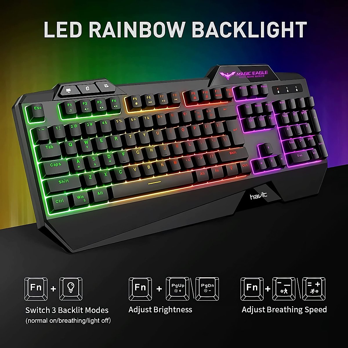 Toytexx HV-KB558CM Rainbow LED Backlit USB Gaming Keyboard and Mouse Combo, 104 Keys, 4800 DPI Mouse