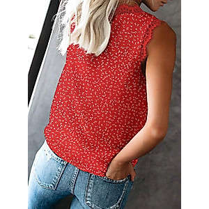 VIISHOW Women's V Neck Lace Trim Casual Tank Tops Sleeveless Blouses Shirts, Floral red, Large