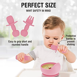 Hoidokly Baby Feeding Set, 8 Pcs Silicone Baby Led Weaning Supplies Includes Cup Baby Plate, Bowl, Adjustable Bib, Cup, Spoon and Fork,BPA Free Baby Weaning Utensils Set for 6+ Months-Pink