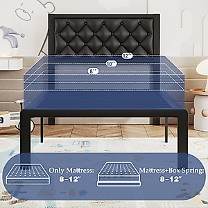 Foredawn Twin Bed Frame with Faux Leather Upholstered Headboard, Metal Support, No Box Spring Needed, Noise Free, Under Bed Storage, Easy Assembly, Black