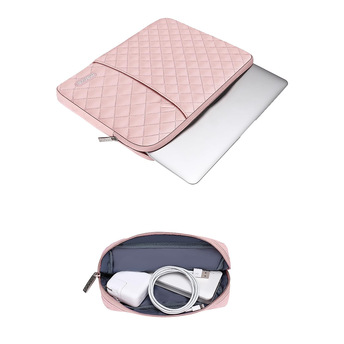MOSISO Laptop Sleeve Compatible with MacBook Air/Pro, 13-13.3 inch Notebook, Compatible with MacBook Pro 14 inch M3 M2 M1 2024-2021, Square Quilted Vertical Bag with Pocket&Small Case, Chalk Pink