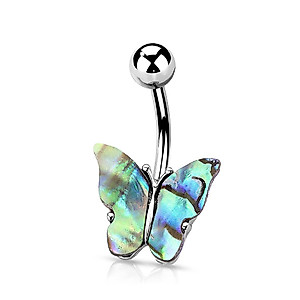 Amelia Fashion 14 Gauge Abalone Shell Covered Butterfly 316L Surgical Steel Belly Button Ring (Choose Color) (STEEL)