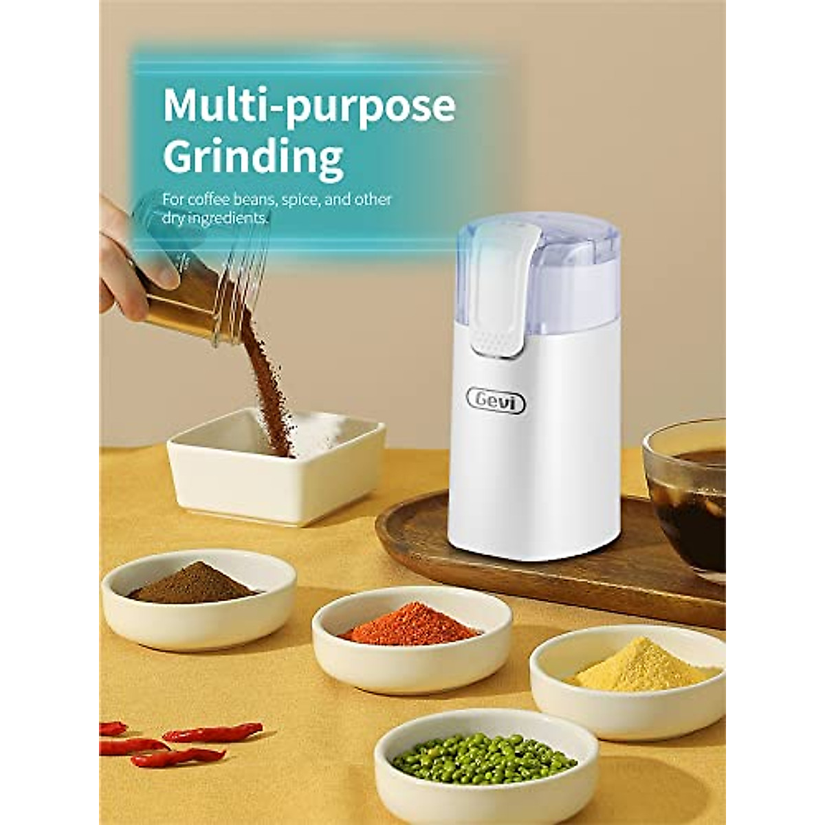 Gevi Coffee Grinder, Electric Coffee Grinder, Quiet Grinder with Staninless Steel Blade for Coffee Beans, Peanut, Beans, Spice, Nuts and More, with 2-in-1 Brush&Spoon
