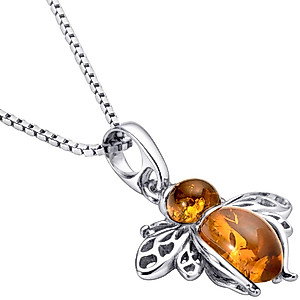 PEORA Genuine Baltic Amber Bee Pendant Necklace for Women 925 Sterling Silver, Rich Cognac Color, with 18 inch Chain