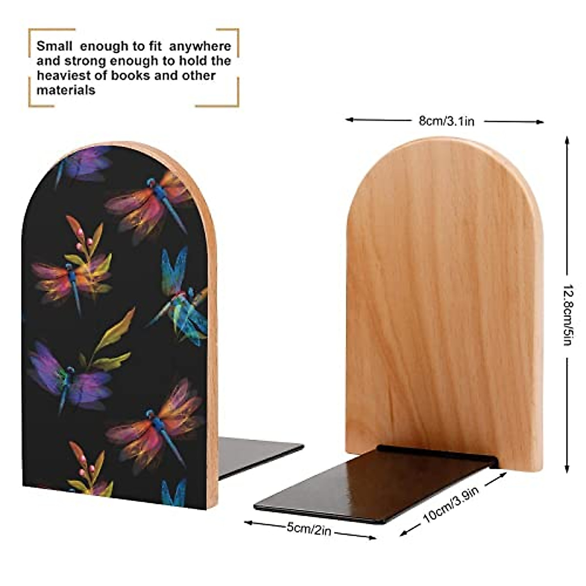 Book Ends,bookends for Shelves, Dragonflies and Flowers Leaves Metal Base Bookends to Hold Books Heavy Duty Wood Bookends for Heavy Books Office Desk DVD 3x5 Inch 1pair /2 Pieces
