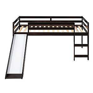 LostCat Twin Loft Bed with Slide, Low Loft Bed with Stairs and Chalkboard, Wood Twin Bed Frame for Kids with Slide, Space-Saving Wooden Child Bed Frame for Boys or Girls, Espresso