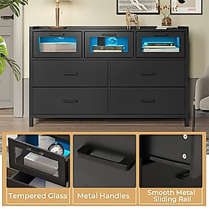 VIAGDO Black Dresser for Bedroom,7 Drawer Dressers with LED Lights, Dressers & Chests of Drawers, Bedroom Closet Wooden Long Kids Dresser for Bedroom, Kids Room, Hallway (DG1201-B)