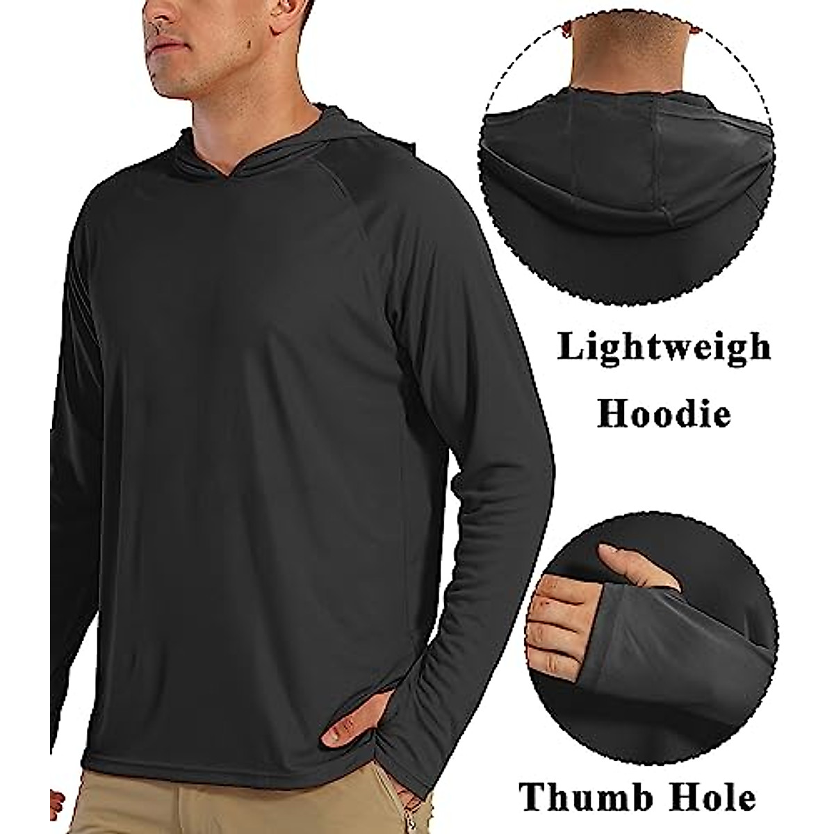 BIYLACLESEN Outdoor Shirts for Men Lightweight Workout Shirts Hiking T-Shirt Mens Quick Dry Shirt Long Dry Fit Long Sleeve Shirts Men with Hoodie Black