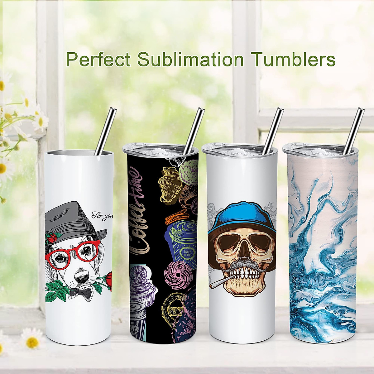 AGH 20 oz Sublimation Tumblers Glow In The Dark, 4PCS Luminous Skinny Straight Tumbler Blank, Glow From White To Green, Blue, Orange, Red, With Stainless Straw and Lid for Coffee Mug Thermos