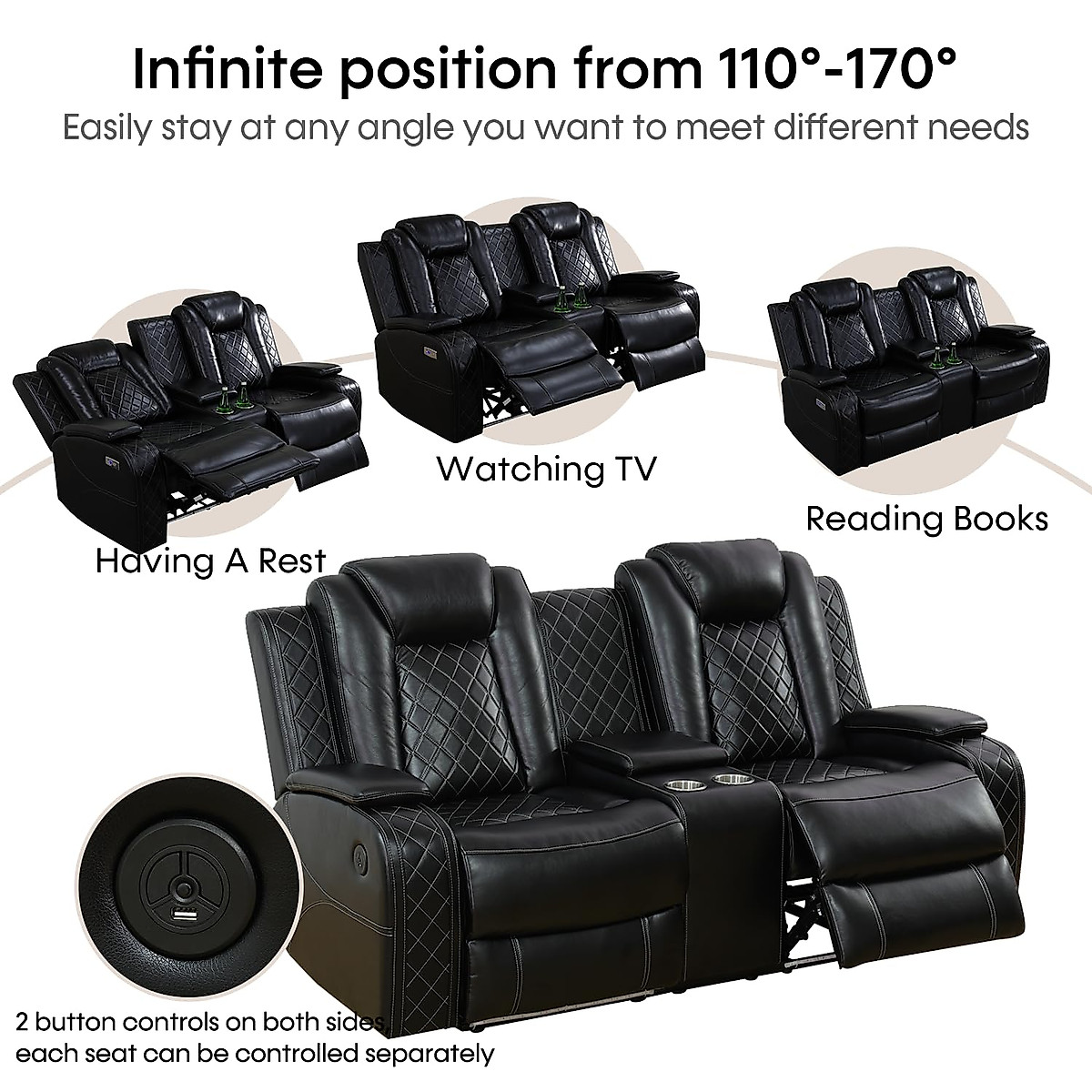 Caberryne Leather Recliner Sofa Set with LED Lights,Power Reclining Sofa and Loveseat Set with USB Port/Wireless Charger/Cup Holder for Living Room/House/Home Theater(2 Piece Set,Black)