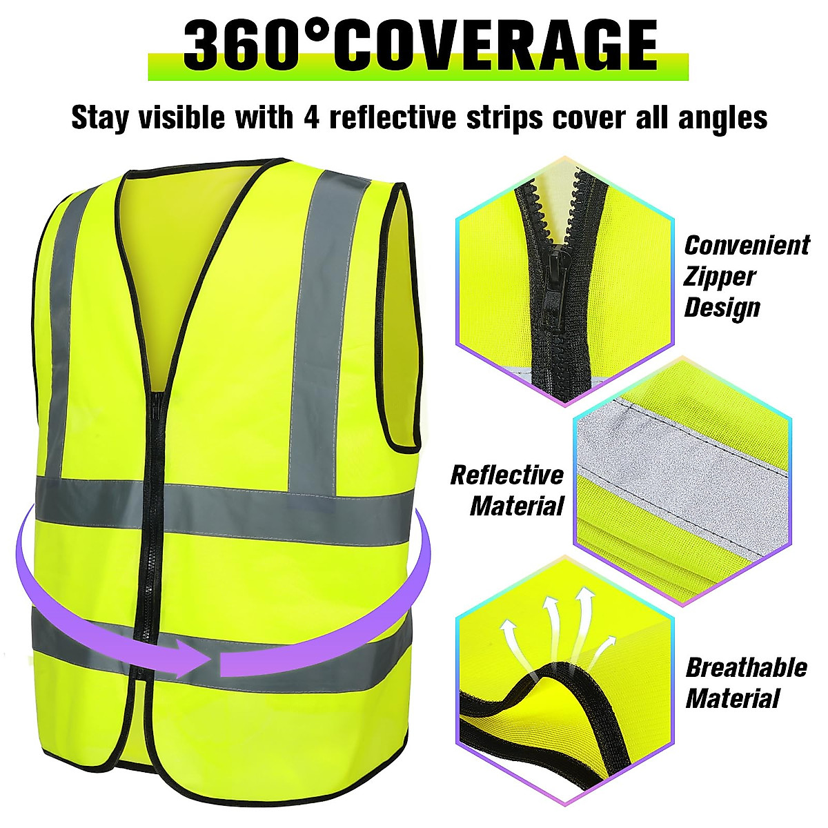 Zhanmai 10 Pcs Reflective Safety Vest Yellow High Visibility Vest Construction Work Vest for Men Women(M)