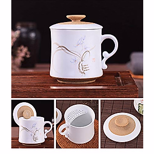 BIFULDYO Tea Cup with Filtering Function, Single Cup Loose Tea Brewing System,Large Capacity 12oz, Chinese Painting Style Pattern,Loose Leaf Iced Blooming or Flowering Tea Filter(Orchid)