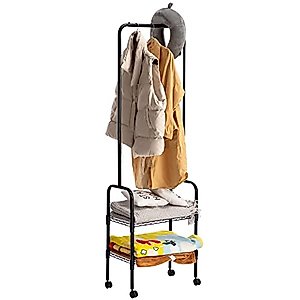 MATICO 2-in-1 Metal Garment Rack with Clothes Hanger, 2 Tier Wire Coat Storage Organizers Laundry Holders with 2 Metal Shelves for Home and Dormitory, Black