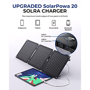 [Ultra-Fast Charging] BigBlue 20W ETFE Solar Charger with Kickstand, SolarPowa 20 Portable Solar Panel Charger with USB-A and USB-C, IP65 Waterproof, Compatible with iPhone, iPad, Samsung, LG etc.