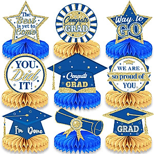 9 pieces of graduation party decoration Class of 2024 Congrats Graduation Honeycomb Centerpieces,Graduation，Congratulations Graduation honeycomb desktop decoration (Blue gold)