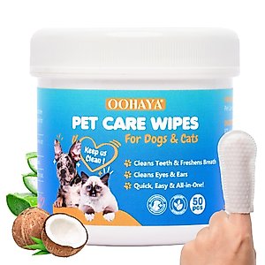 OOHAYA 3-in-1 Pet Finger Wet Wipes for Dogs & Cats, Soft Disposable Finger Wipes for Eye, Ear, & Dental Care, Freshen Breath with Dental Finger Wipes, Pack of 50
